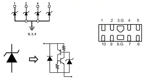 SP3420 - ESD 抑制器/TVS 二极管 SP3420 3.3V 6A .32pF 12kV DFN2510-10L TVS Array